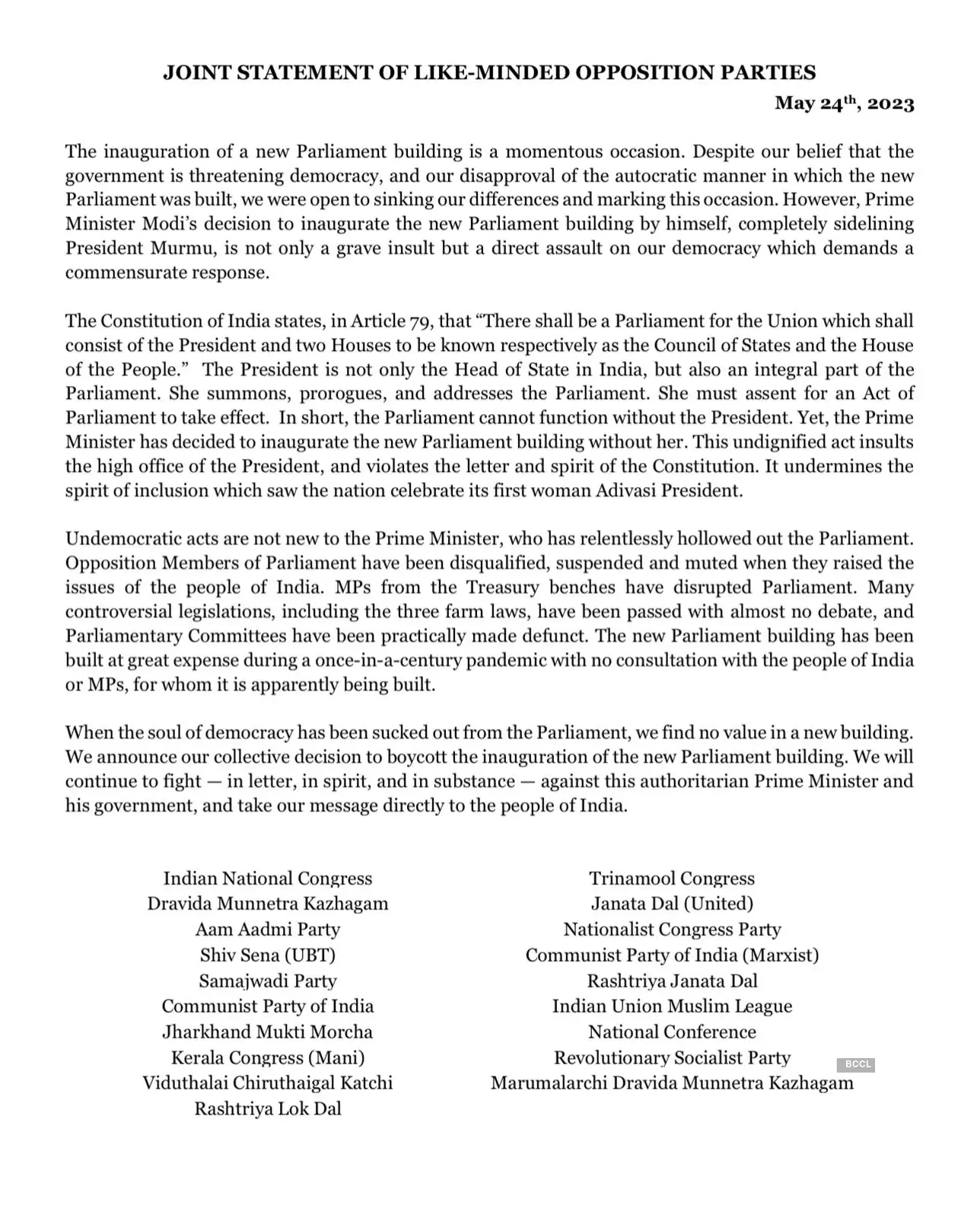 Opposition parties to boycott inauguration of new Parliament building ...