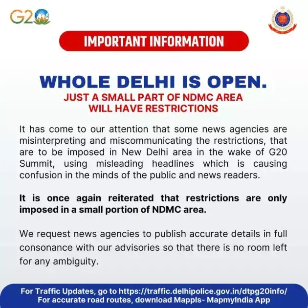 g20 traffic restriction: Important G20 Alert: Whole Delhi is open, just ...