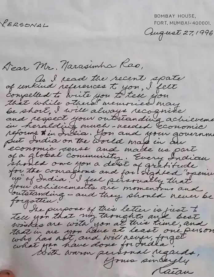 Ratan Tata’s unseen 1996 letter to PV Narasimha Rao: Check what the ...
