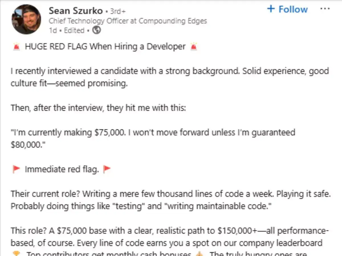 CTO calls techie a 'red flag' for demanding Rs 69 lakh salary. LinkedIn erupts in criticism ...