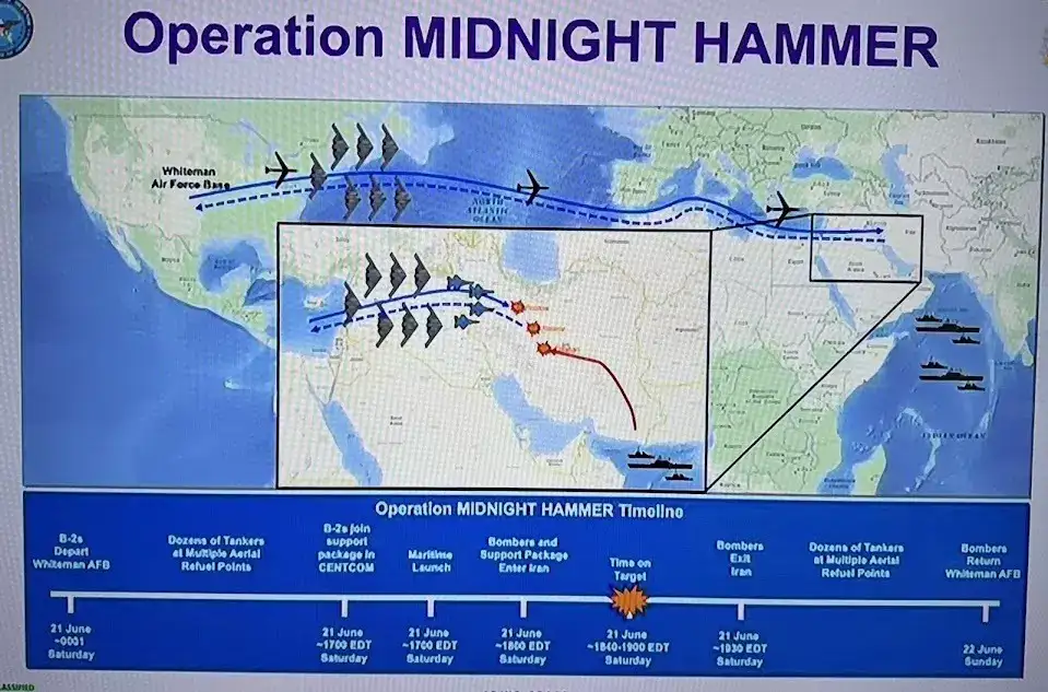 Operation Midnight Hammer timeline: US B-2s took off on June 21 eve, back at airbase by June 22 ...