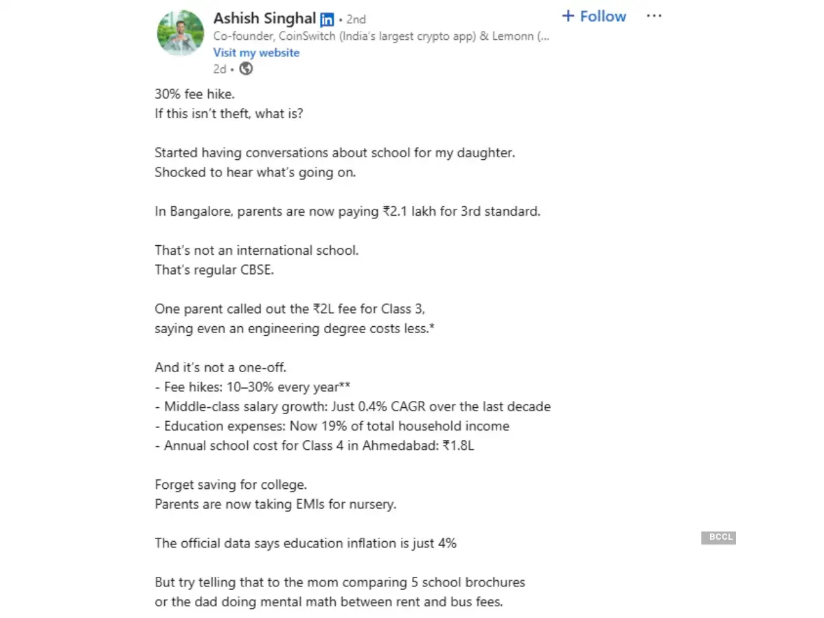 Rs 2.1 lakh for class 3 in "regular CBSE"? CoinSwitch co-founder ...