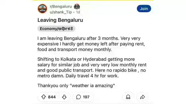 Reddit post on quitting Bengaluru after 3 months over high living costs ...