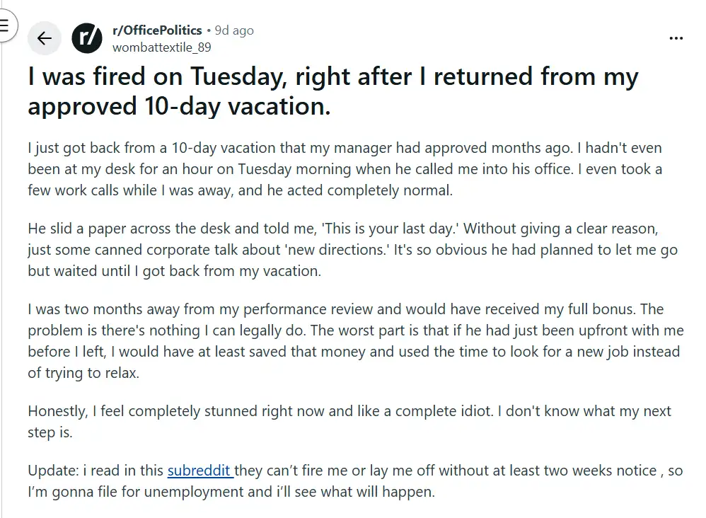 Employee fired within an hour of returning from pre-approved vacation ...