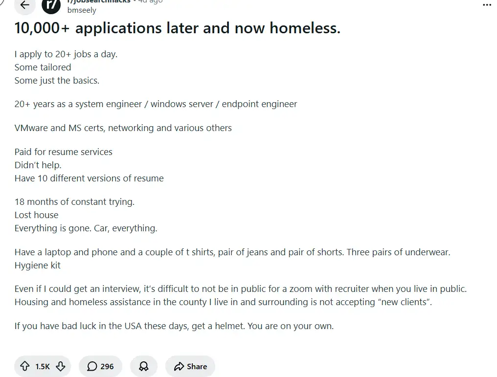 Rejected from over 10,000 jobs in 18 months, system engineer with 20 ...