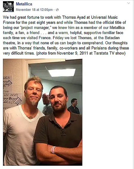 Metallica pays tribute to music executive, Thomas Ayad, killed in Paris ...