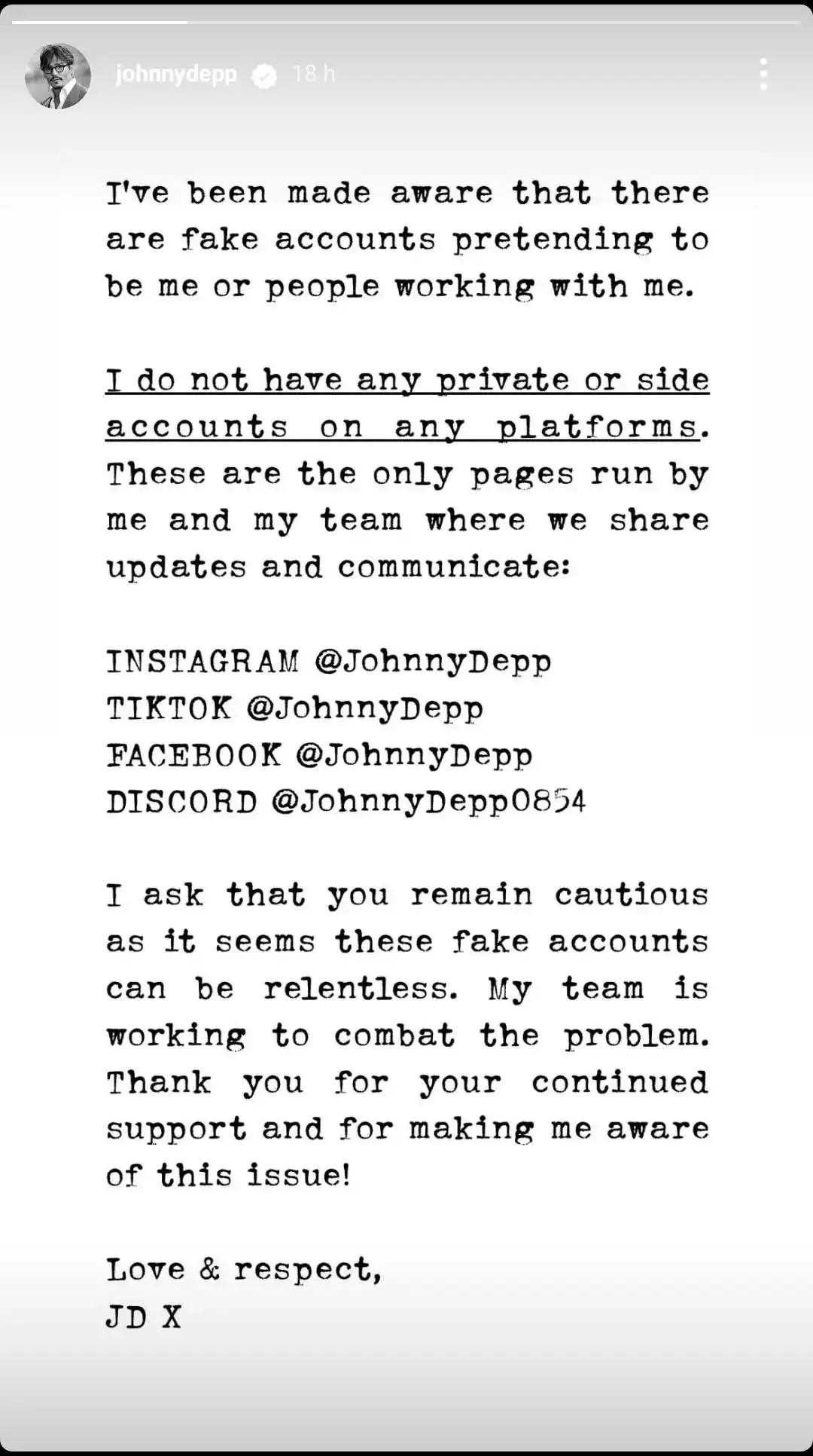 johnny depp: 'I do not have any private or side accounts'. Johnny Depp ...