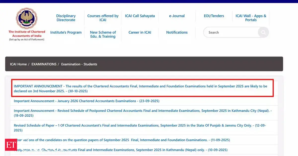 ICAI CA September 2025 results date announced: ICAI confirms timings ...