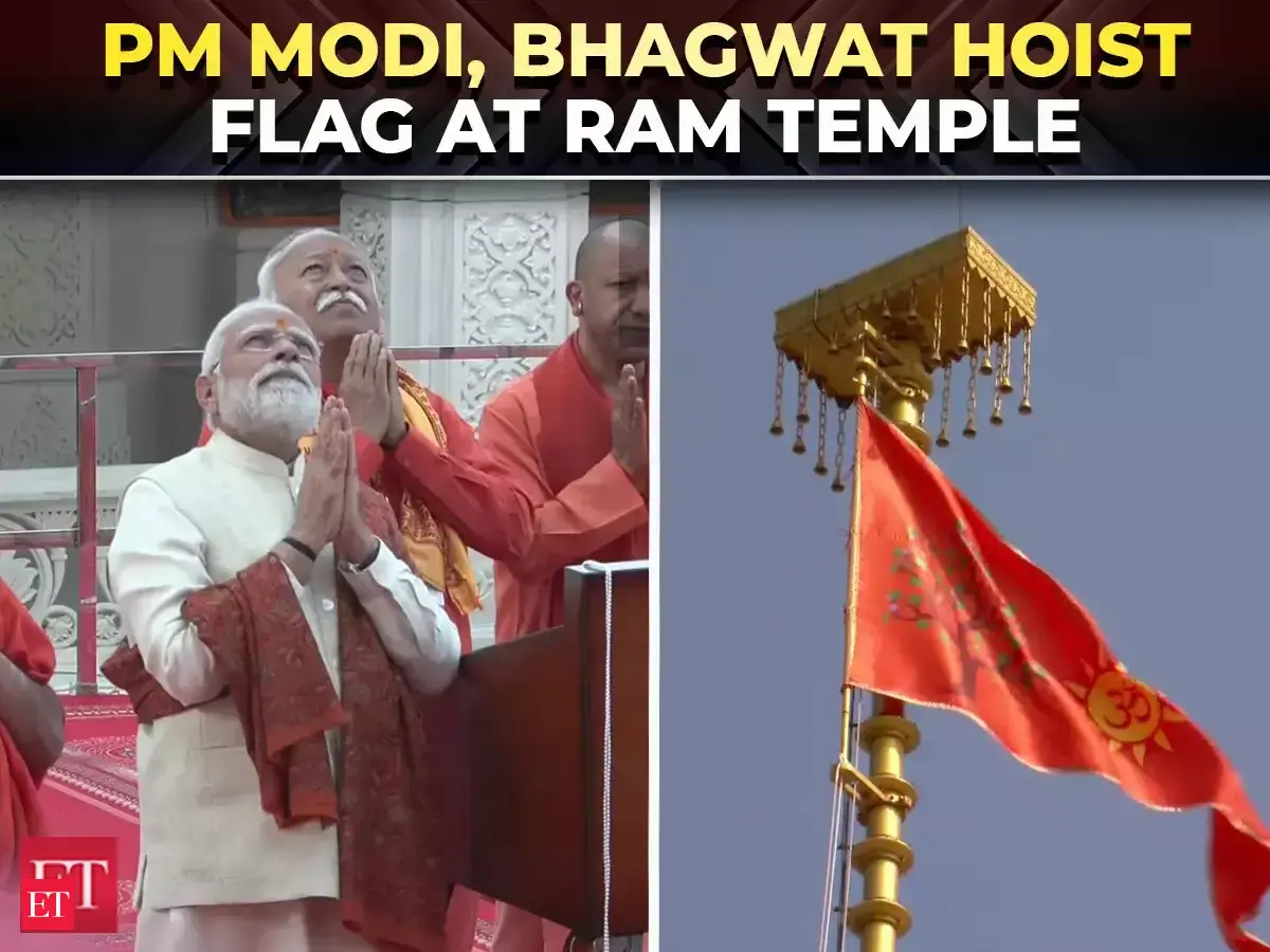 PM Modi, RSS Chief Mohan Bhagwat ceremonially hoist saffron flag at Ram ...
