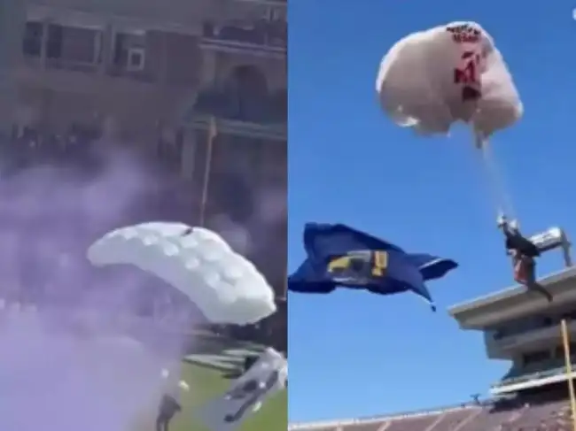 Parachute stunt goes wrong: Parachutists crash-land ahead of Armed ...