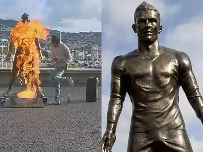 Cristiano Ronaldo statue vandalism: Cristiano Ronaldo statue set on ...