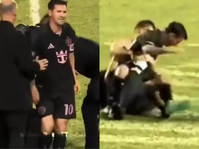 Lionel Messi knocked down during chaotic pitch invasion by fans in ...