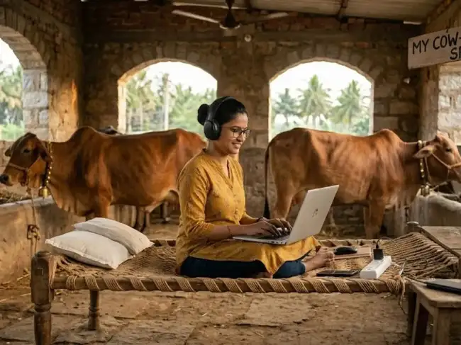 Her Wi-Fi stopped working, so she worked from cow shed. Corporate woman ...