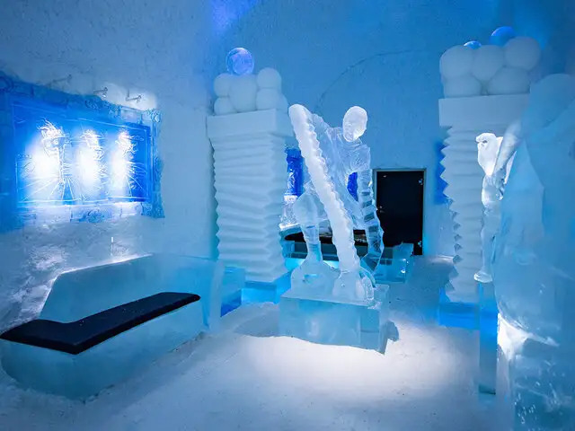 An Ice Hotel in the village of Jukkasjärvi in Sweden has rooms made of ...